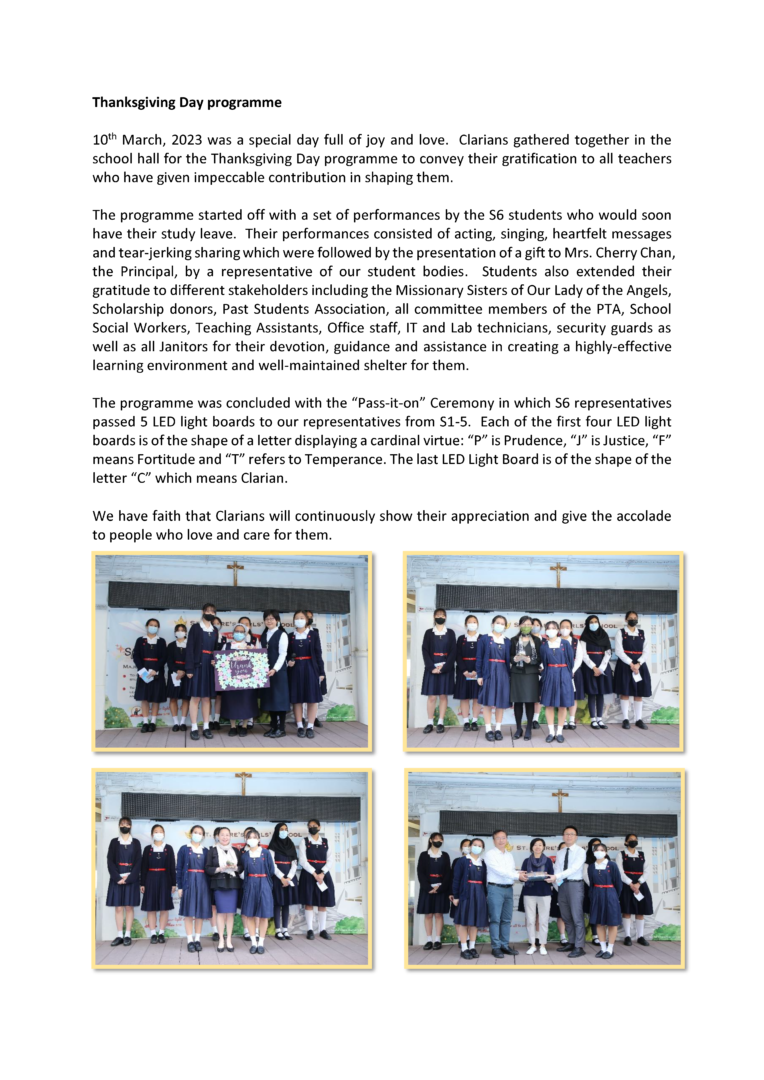 Thanksgiving Day programme - 聖嘉勒女書院